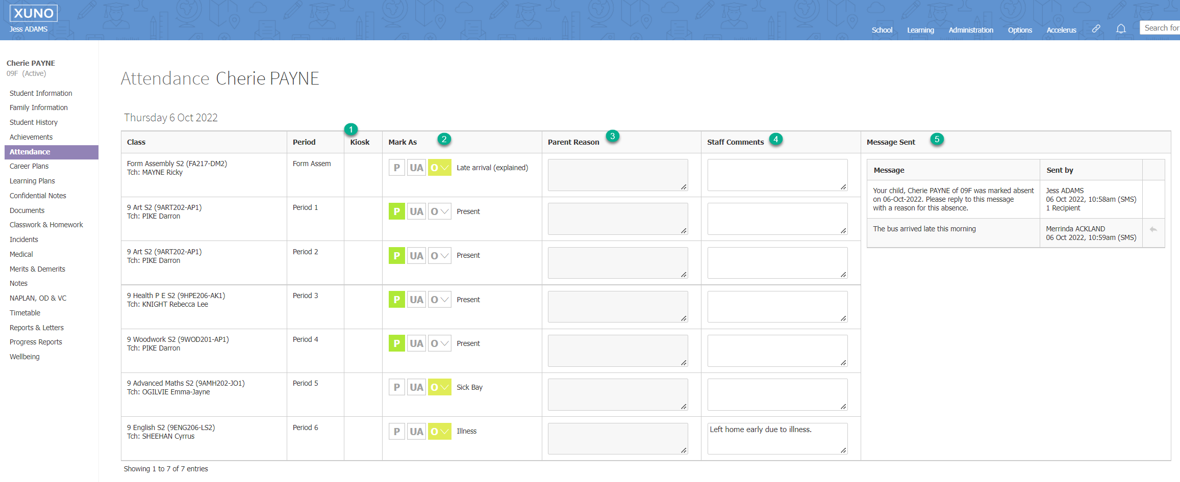Viewing a student’s attendance in XUNO